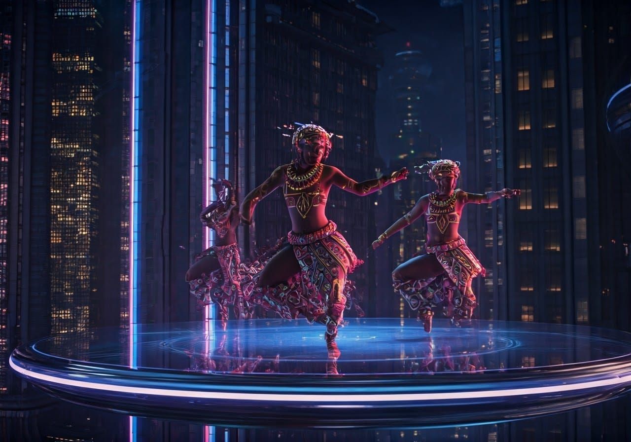 Dancers performing traditional African movements on a glossy, chrome hover-platform