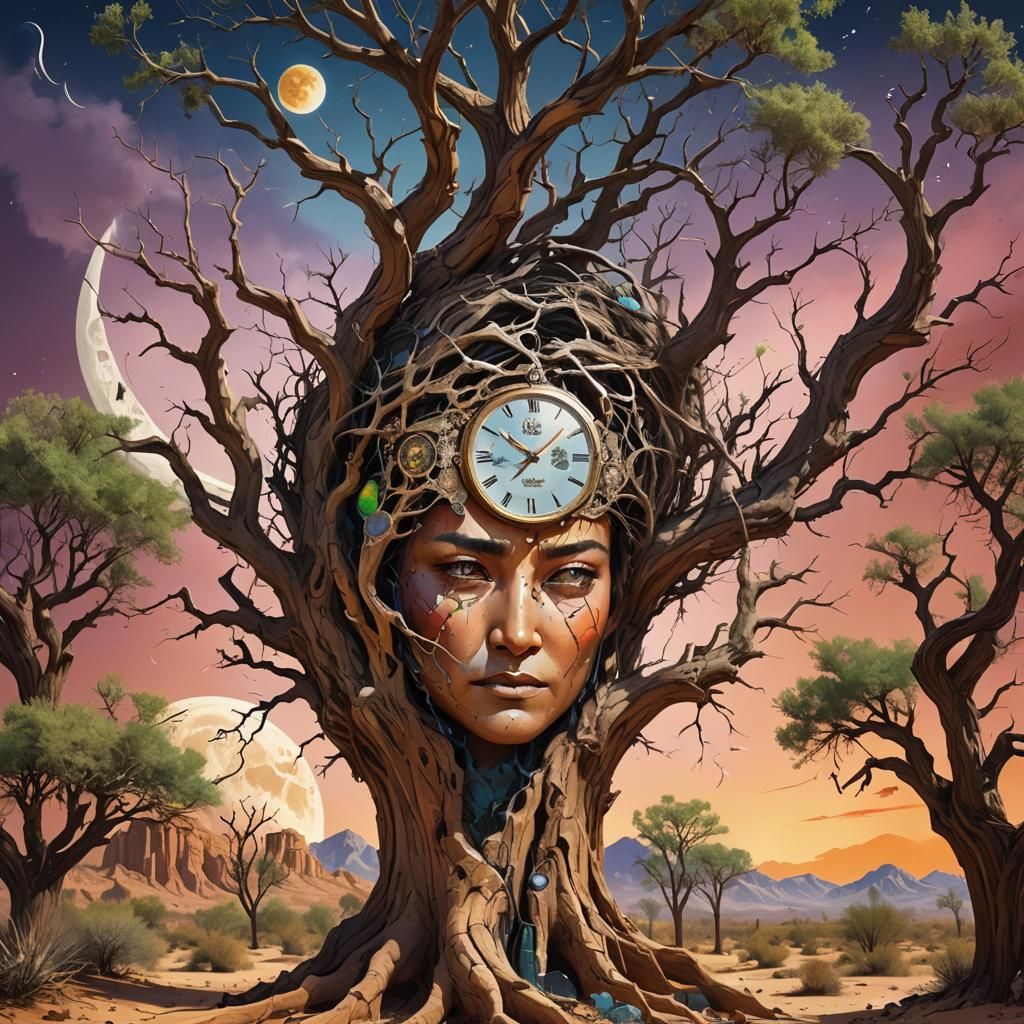 faces,tree, watch, moon, desert - AI Generated Artwork - NightCafe Creator