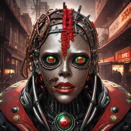 Close-up metallic mummy patched liquid and glitter sculpture with weird ...