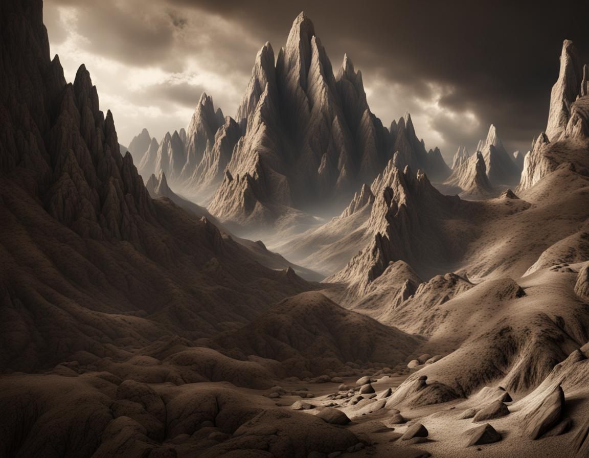 Photorealistic, barren Rocky Mountains with sharp peaks, split light ...