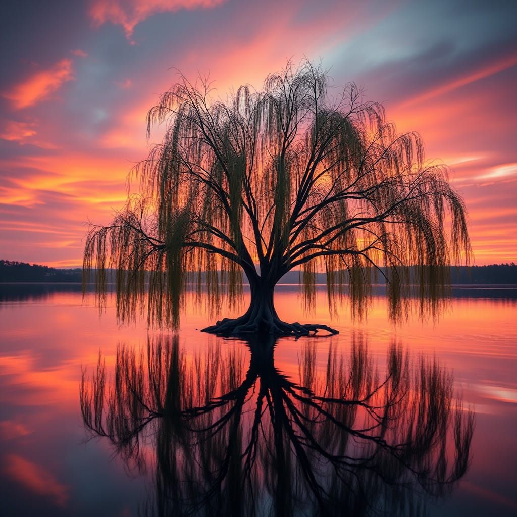 Willow sunset - Majestic Willow Tree at Sunset in Dreamy Abs...