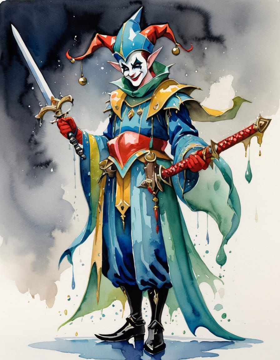 Jester Triumphs Over Sword with Witty Wordplay - AI Art