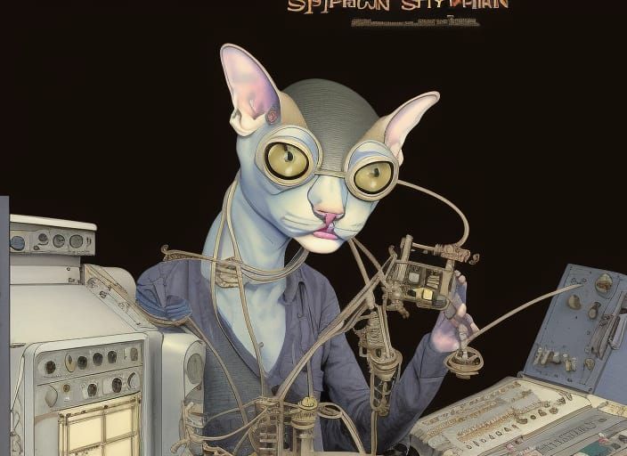 steampunk sphynx cat plays modular synth; by Jean Giraud, Milo Manara ...