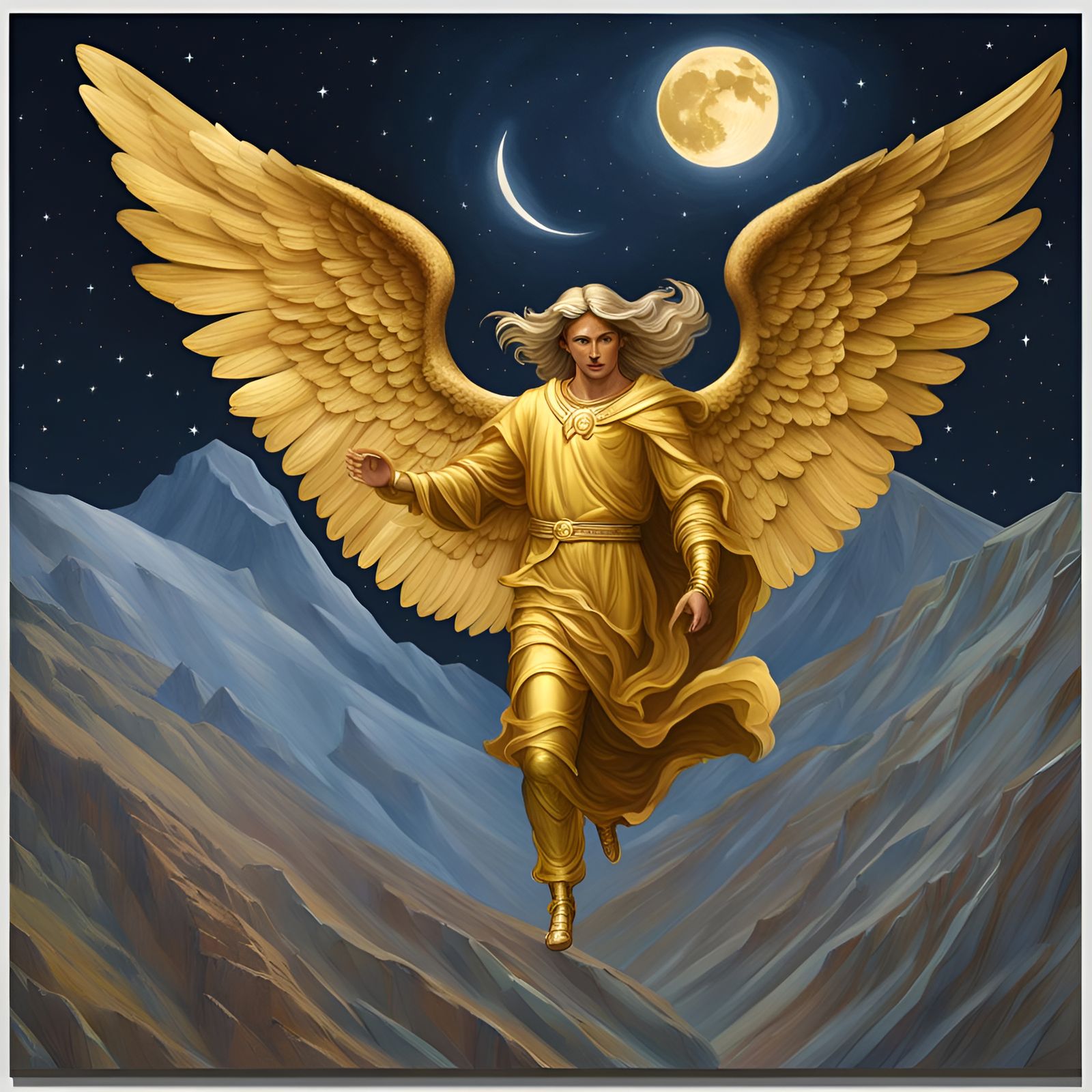The golden angel flies through the mountain pass as the moon rises - AI ...