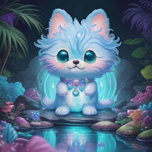 adorable cute chibi baby furry Puppy with a bioluminescent Waterfall in ...