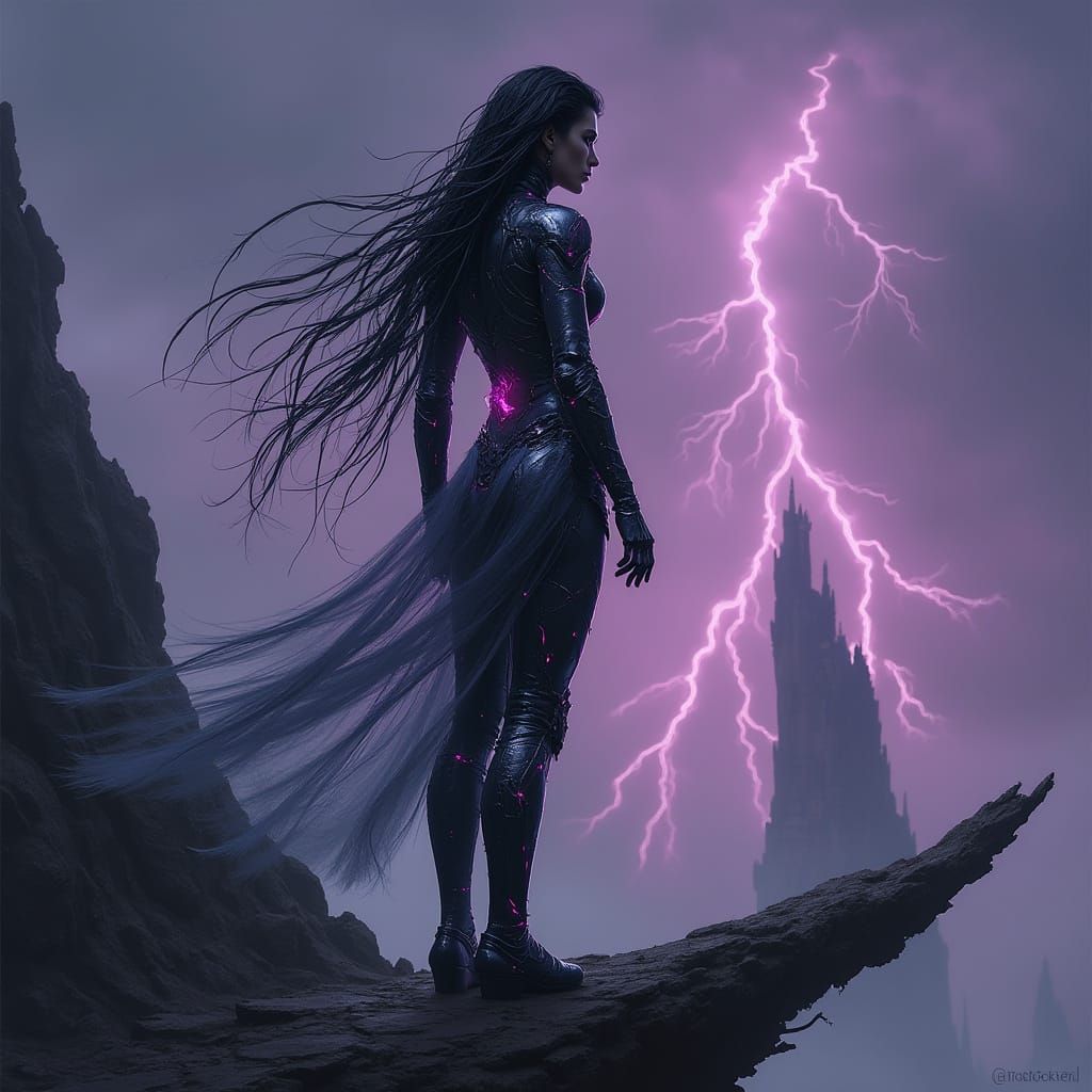 Amid a shattered twilight world between realms, Mellysia, the Stormforged Strategist, stands ...