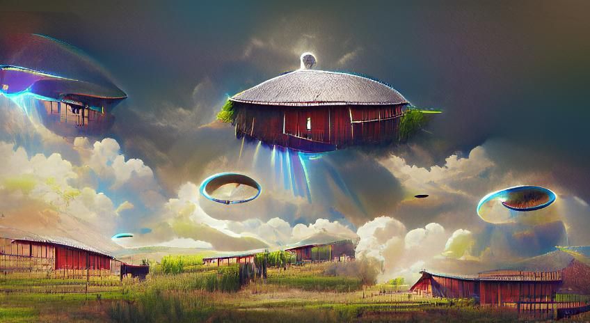 UFOs hovering over a farm - AI Generated Artwork - NightCafe Creator