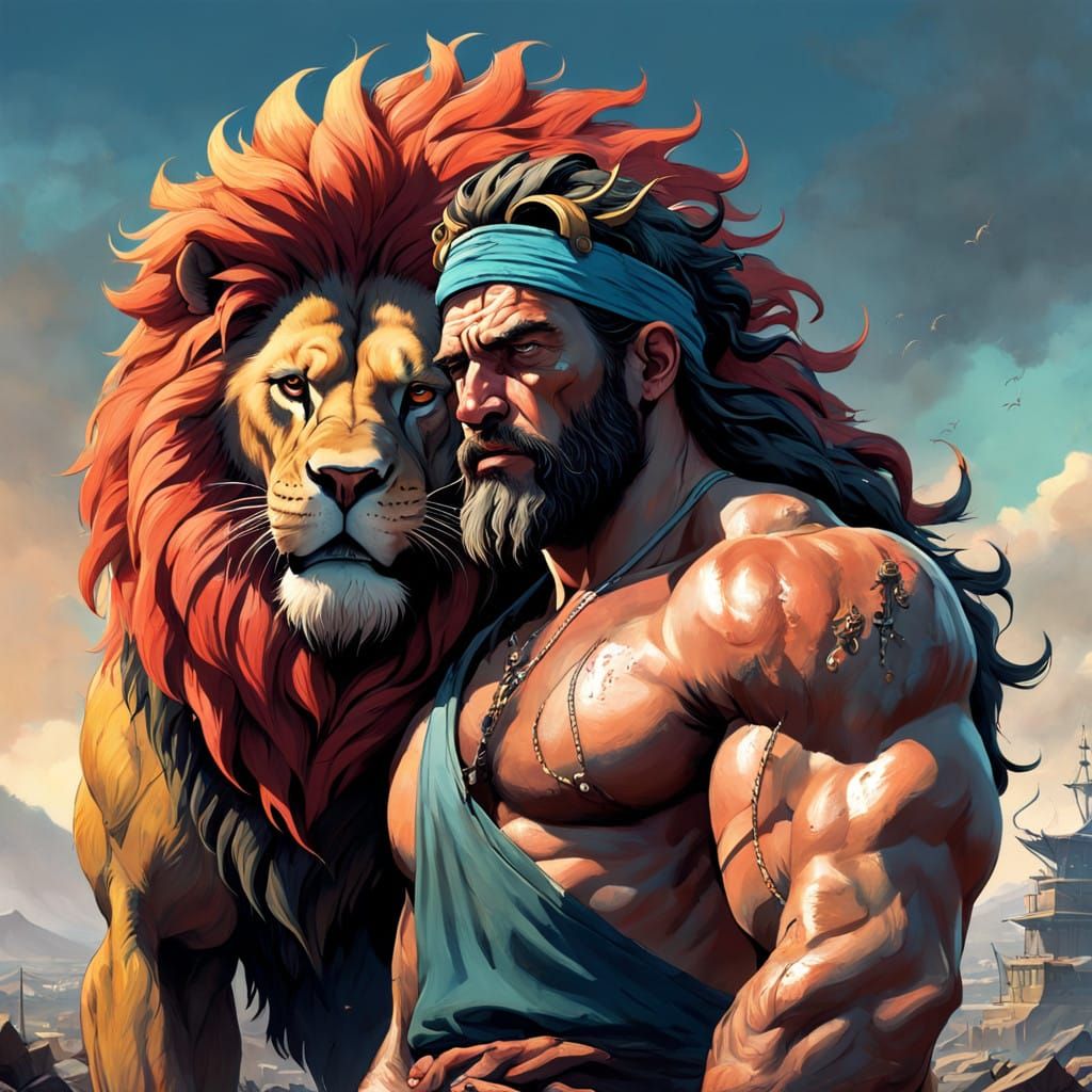 Muscular Samson Strangles Lion with Israeli Headba... - AI Art