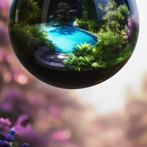 Swimming pool in a lush garden in perfect spherical glass - AI ...