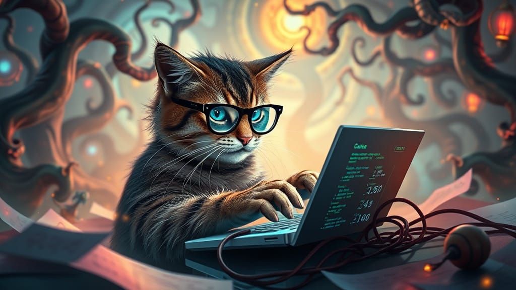 Weird crazy cat extremely is coding on his notebook trying make a game ...