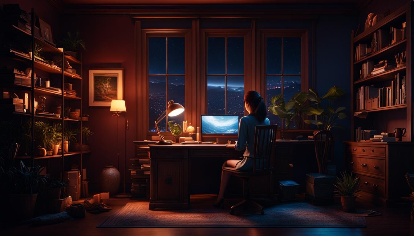 A young woman working at her desk in her room at night. - AI Generated ...