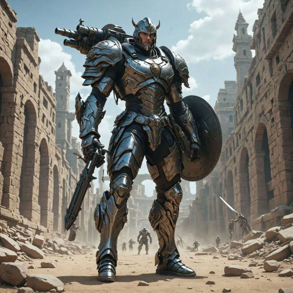 Cyborg Warrior in Ancient Ruins - AI Art