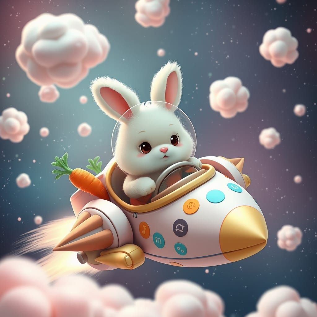 Whimsical Bunny Pilot Soars Through Pastel Nebula - AI Art