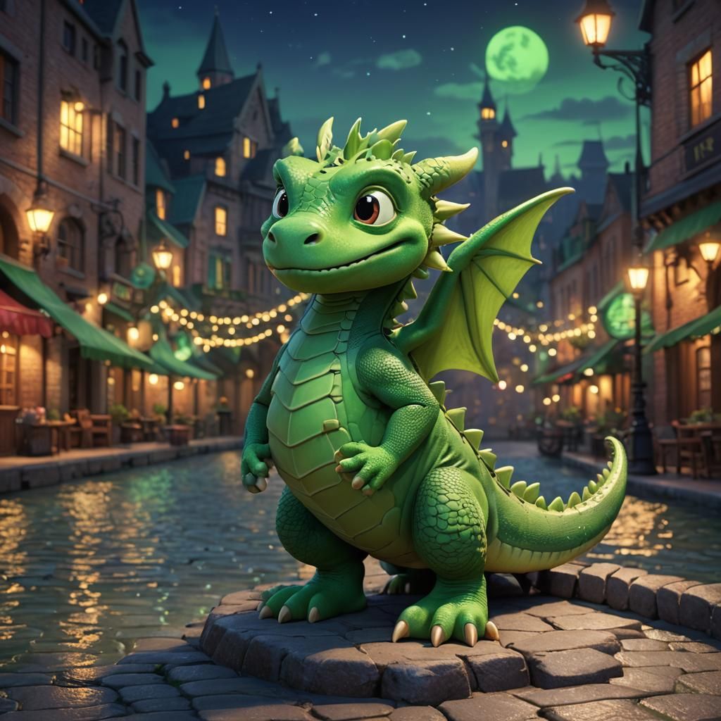A very cute little green dragon a a warf at night - AI Generated ...