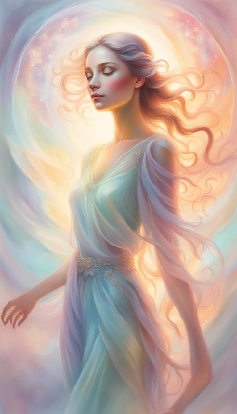 ethereal female figure, her features softly drawn and surrounded by a ...