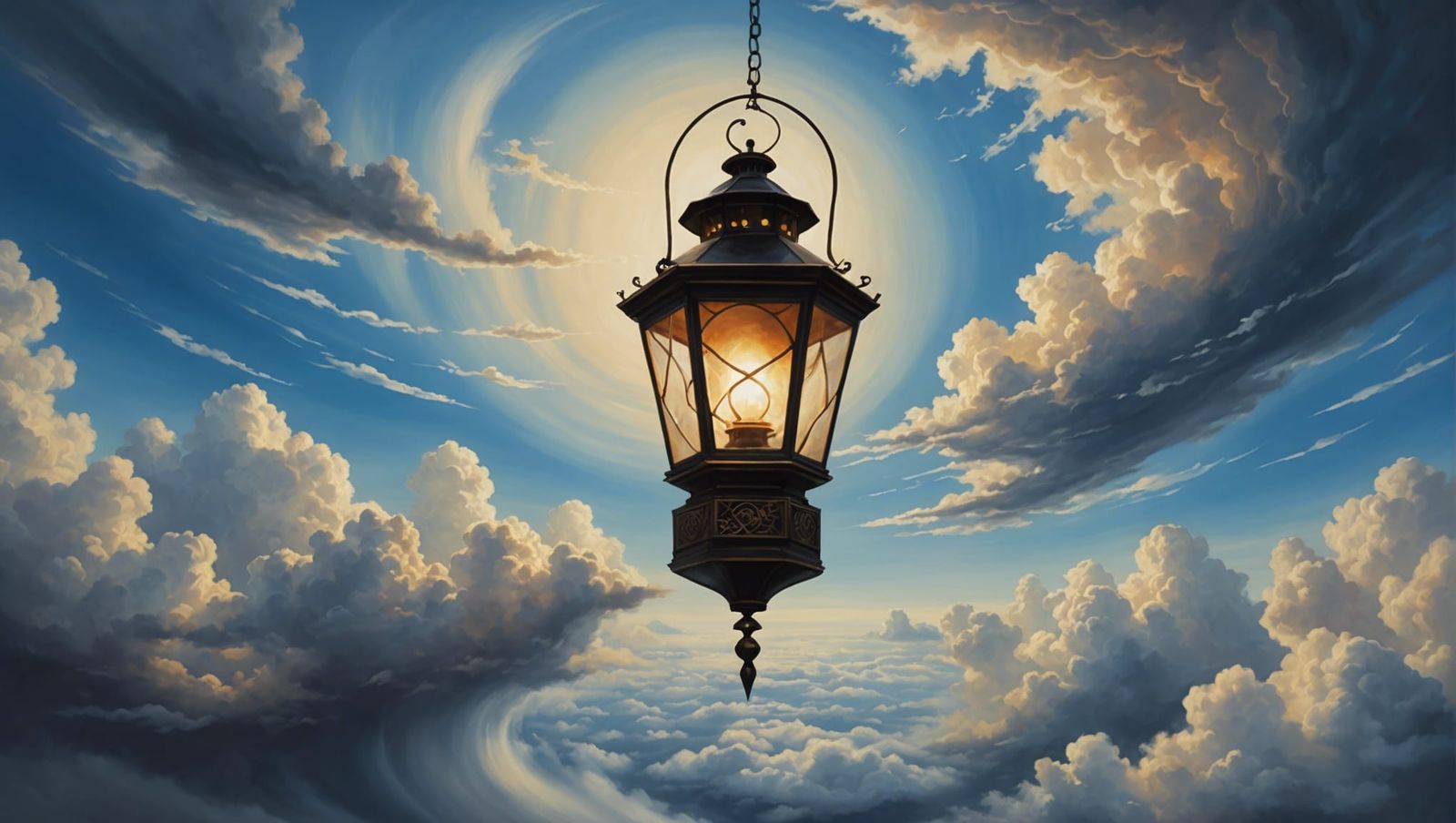 A photorealistic painting of a single lantern floating amongst swirling ...