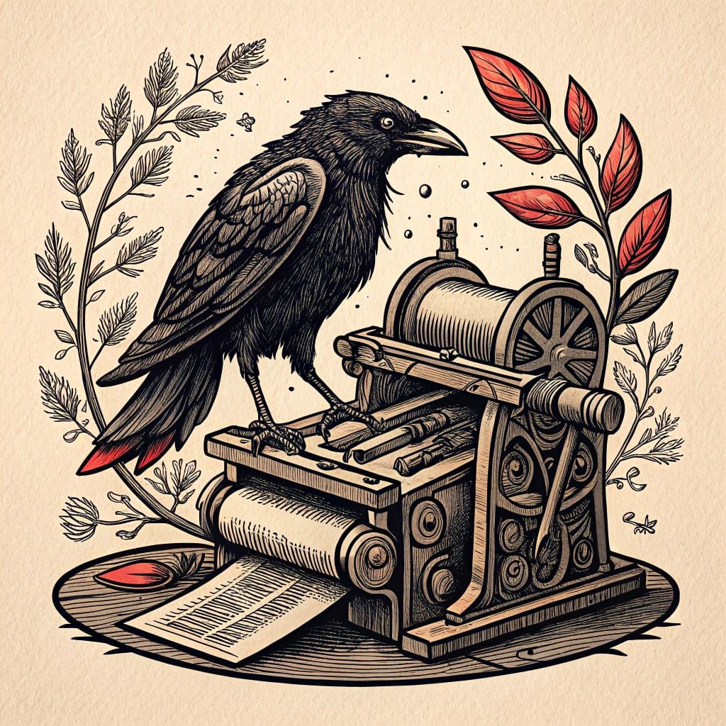Vintage-Style Crow on Printing Press Tattoo - AI Art