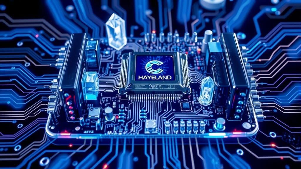 A crystal chip symbol, with the letters "CR" in blue shiny