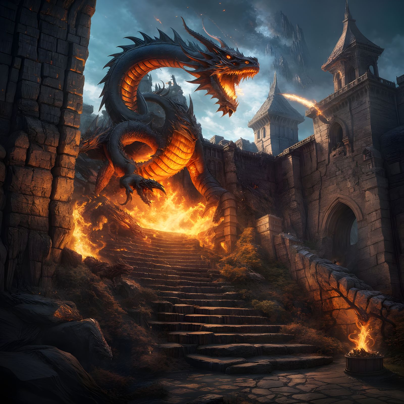 Dragon Fire - Epic Dragon Battle Scene in Vibrant Fantasy La...