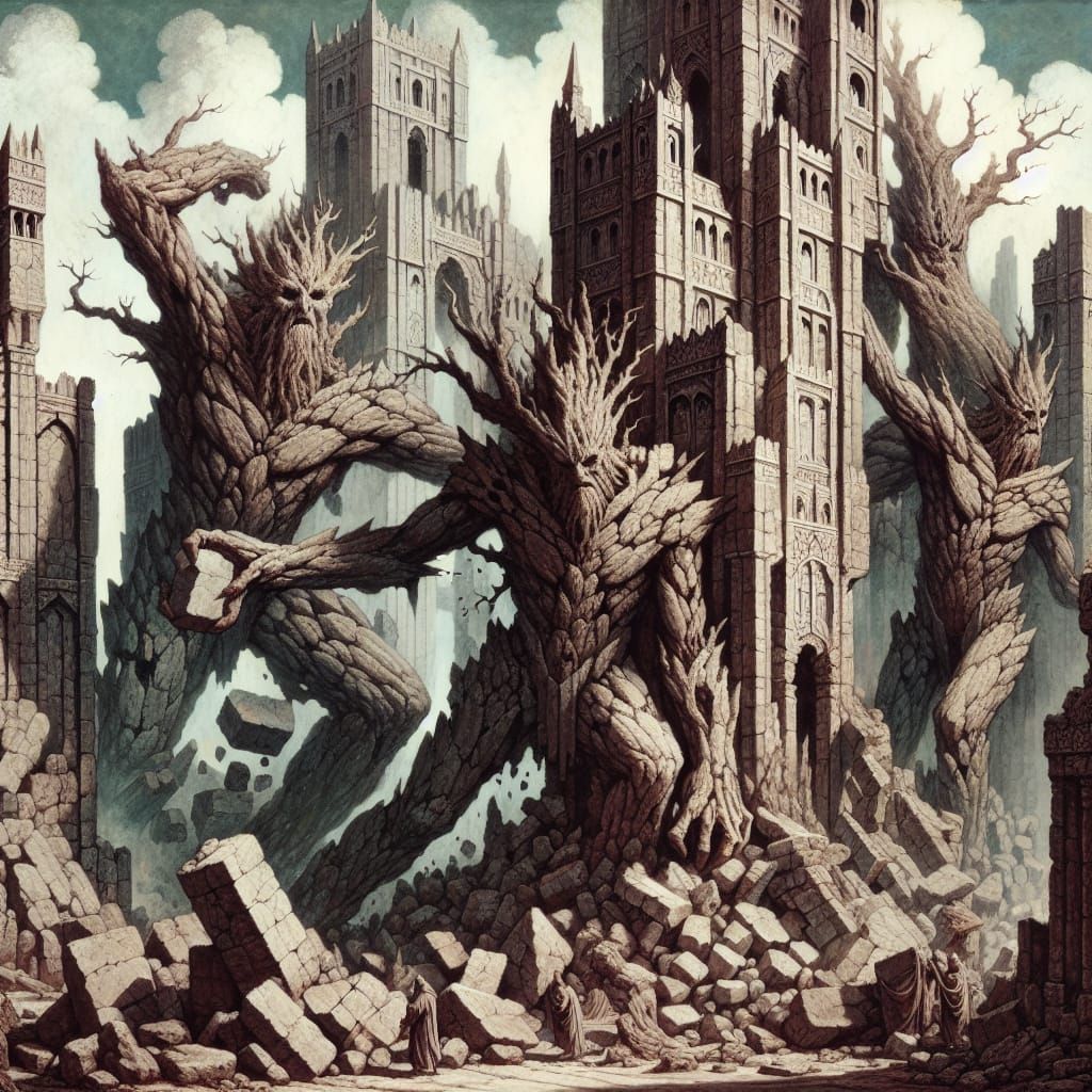 Show the Ents tearing down the walls of Isengard, with stone crumbling ...