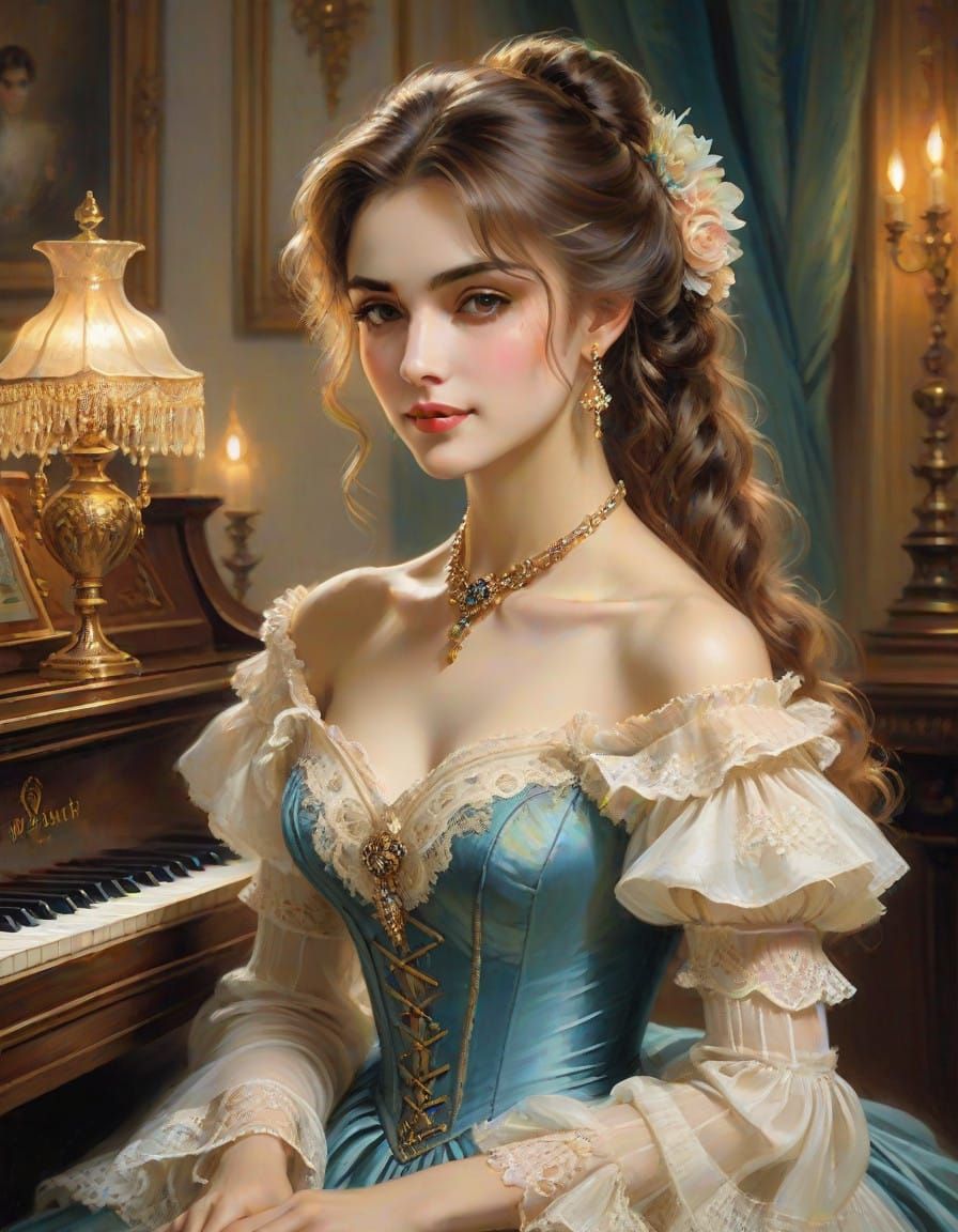 Victorian Lady Plays Piano in Elegant Opulence - AI Art
