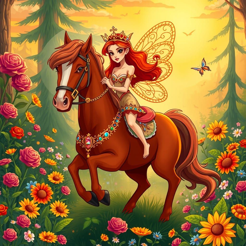 Regal Fairy Rides Through Whimsical Forest in Vibr... - AI Art