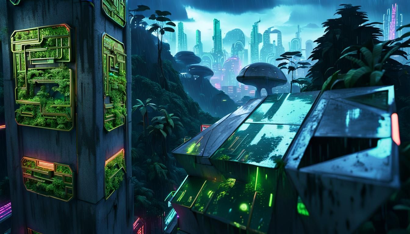 High-Sci-Fi Angular deep jungle city, neon lights, cloudy sky, alien ...