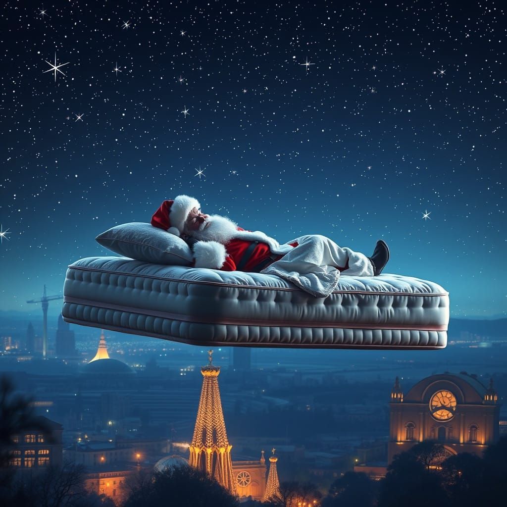 Santa Claus Floating on a Magical Night Sky in Bar... - AI Art