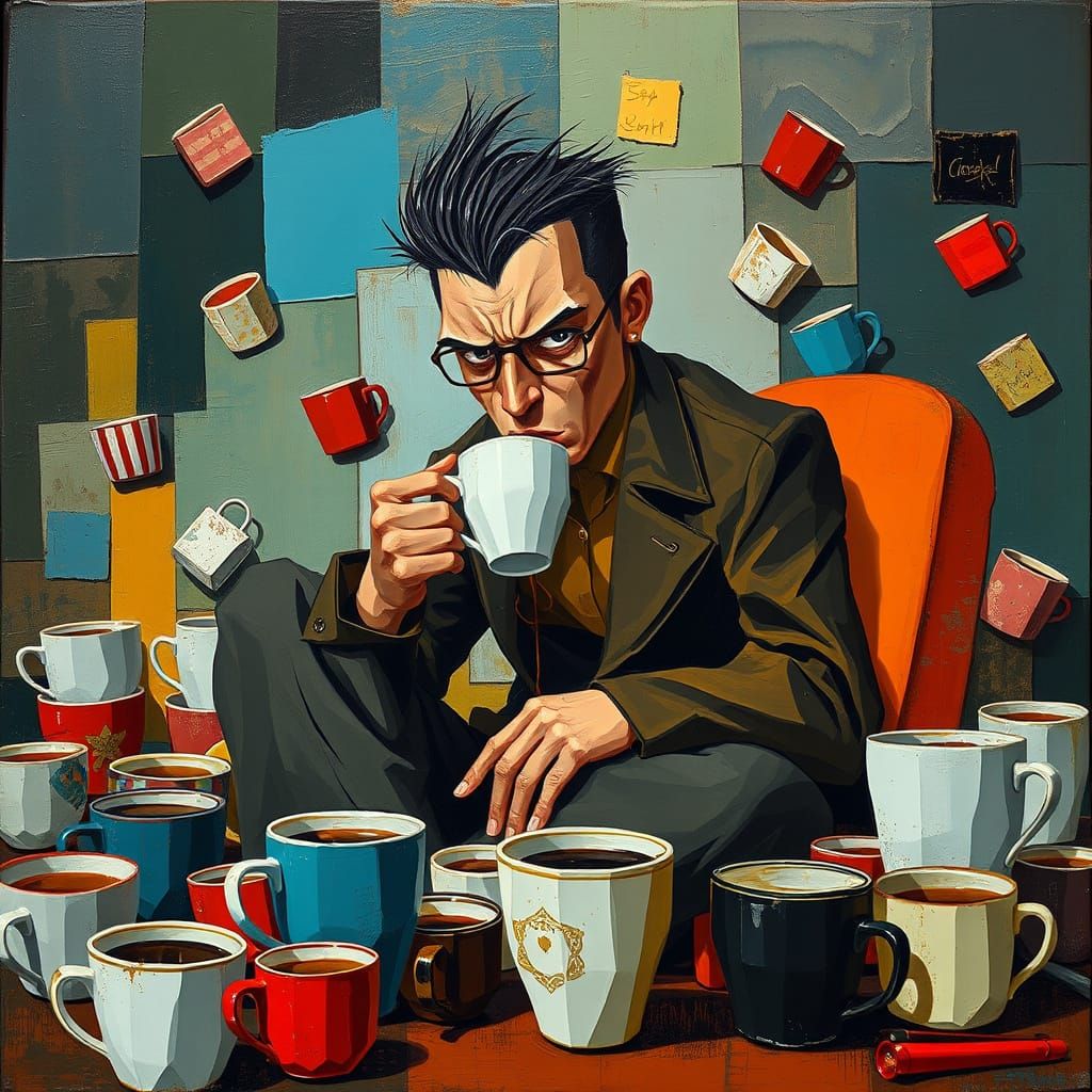 Coffee Addict: Cubist Minimalist Art with Dark Rea... - AI Art