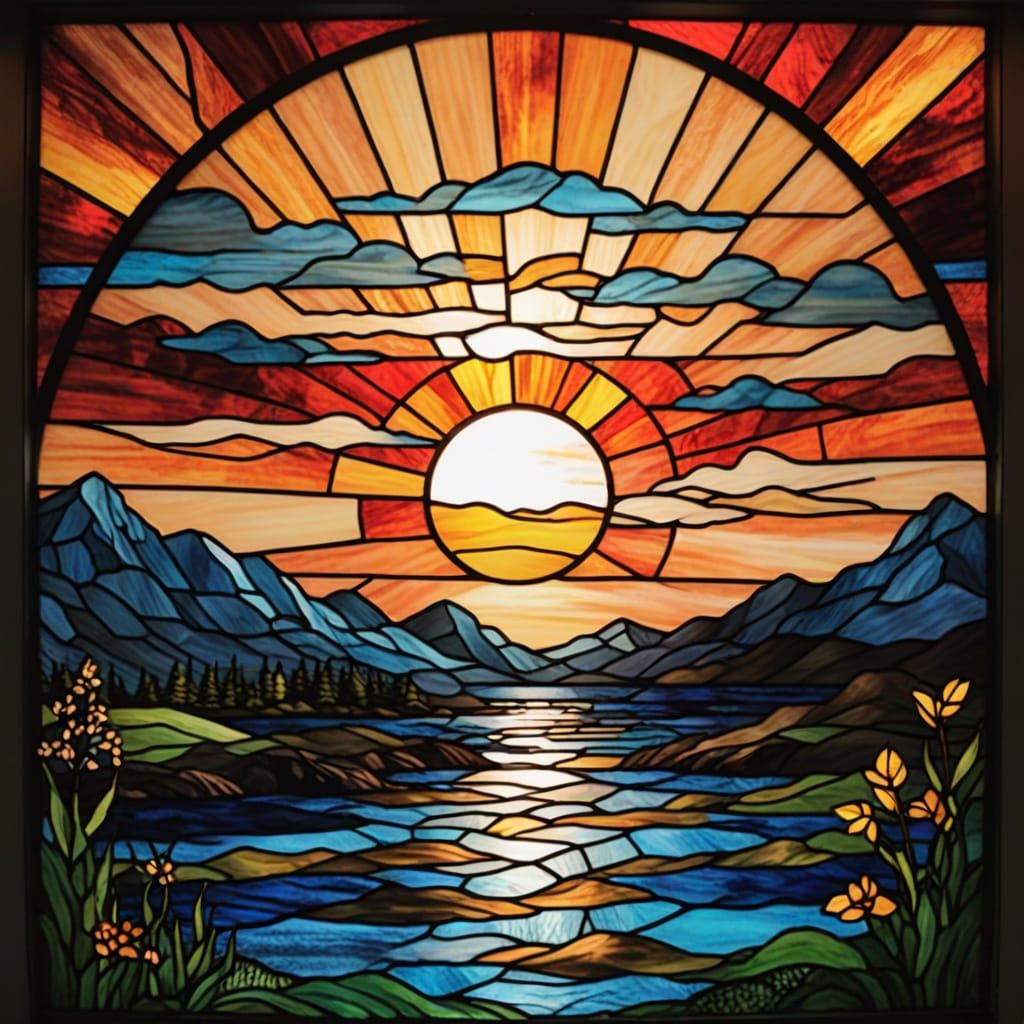window/s - Vibrant Sunset Stained Glass Scene