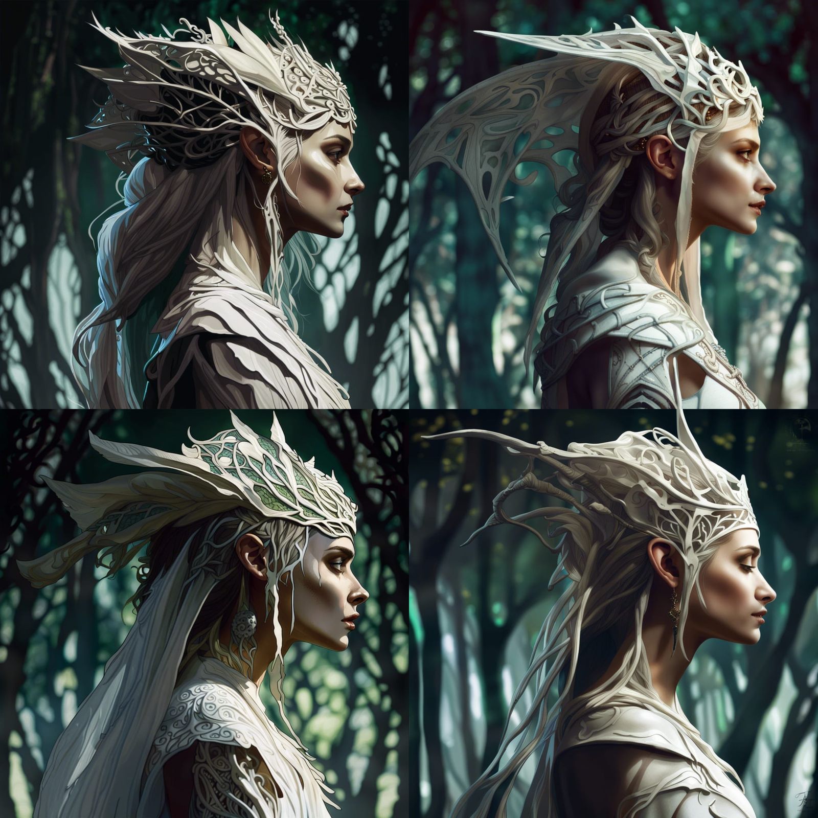 side portrait, simple headpiece on woman made of white bone, forest elf ...