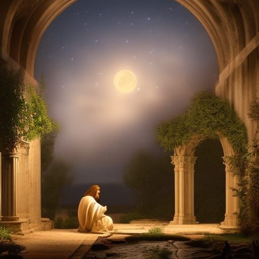 Jesus sorrowfully praying in the garden of gethsemane at night - AI ...