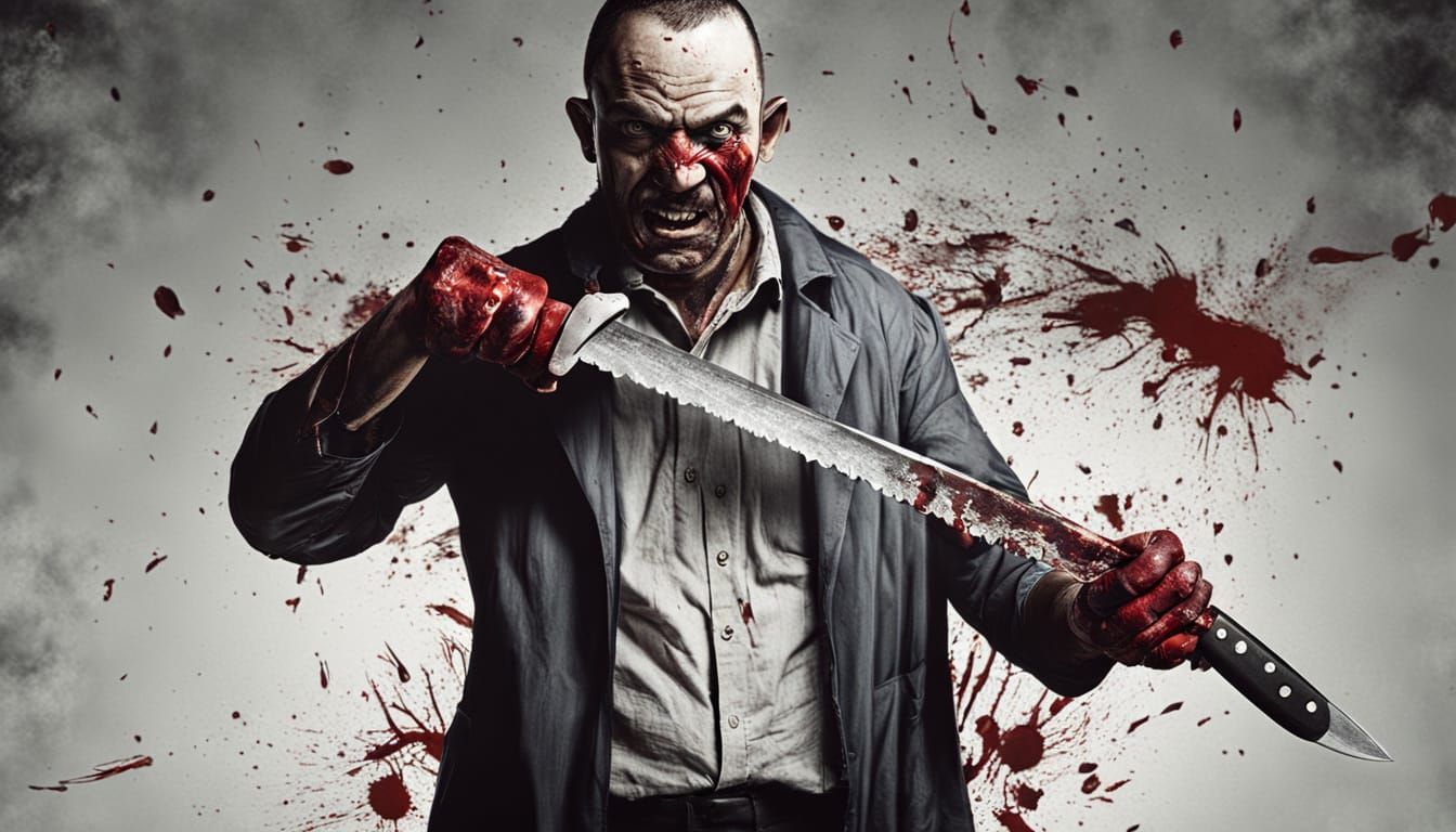 horror butcher with a huge butcher knife in his hand