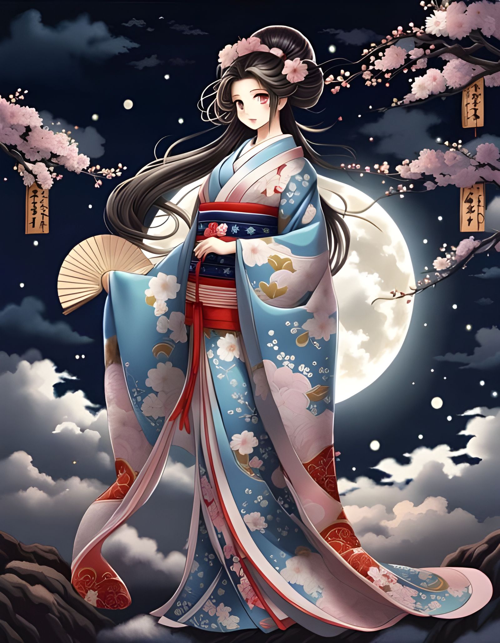 Anime Goddess Cute Geisha with Flowing Hair in Traditional Kimono - AI ...