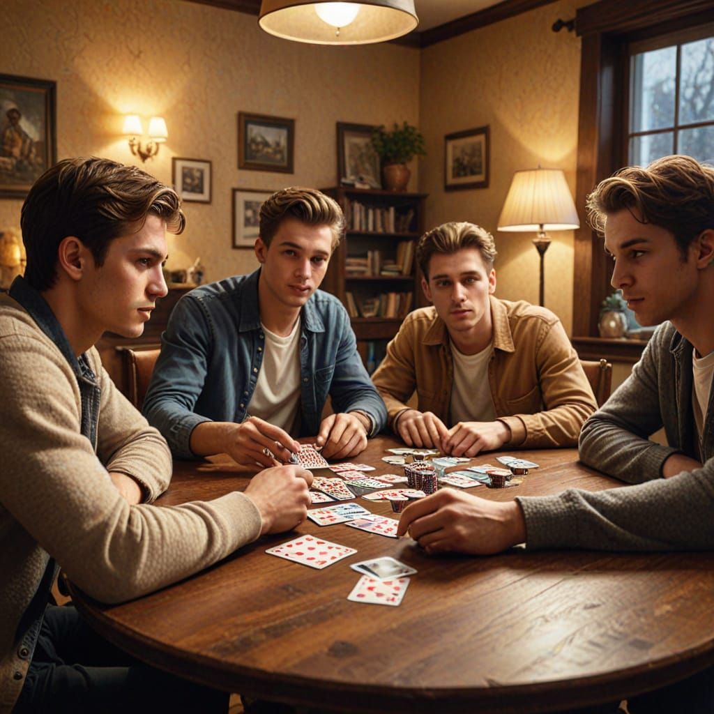 Playing Cards - Four Handsome Young Men Play Cards in a Cozy...