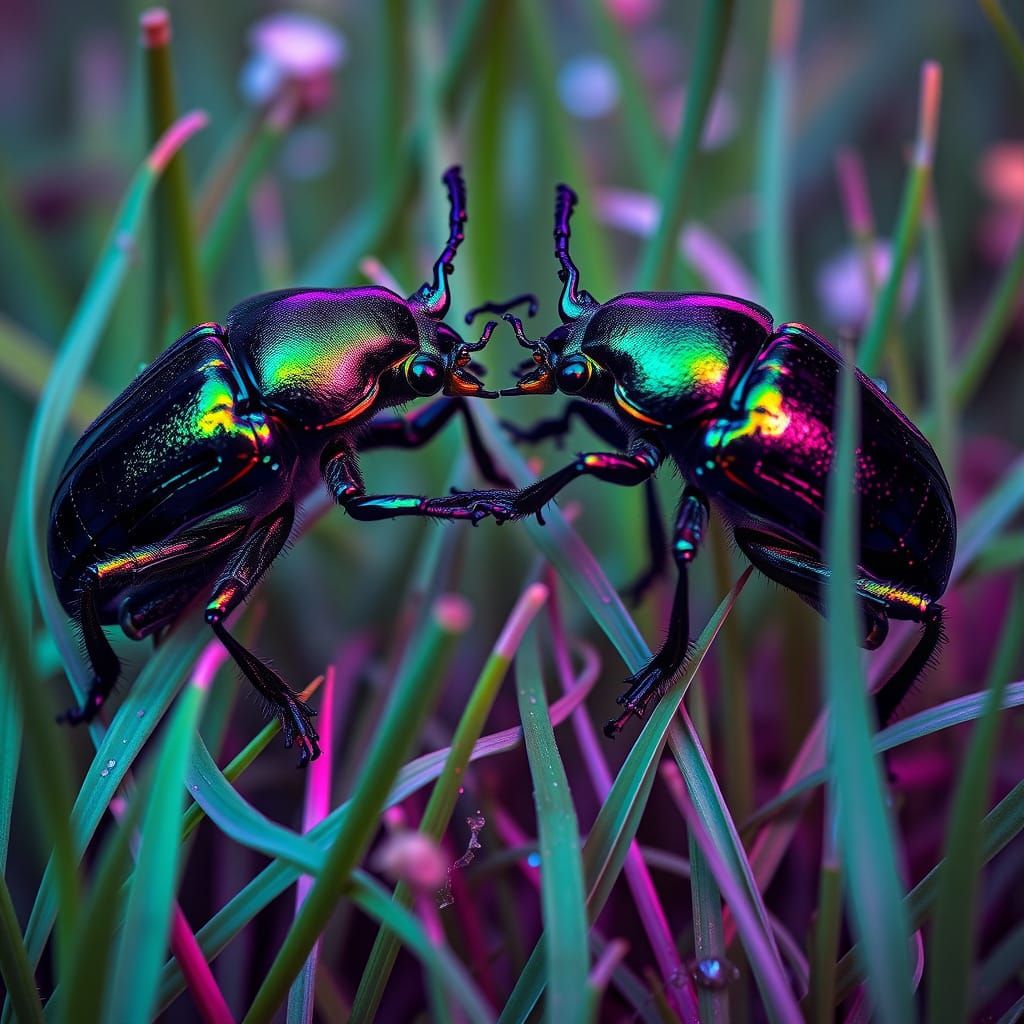 Emerald Battle: Beetles Clash in a Vibrant, Retro-... - AI Art