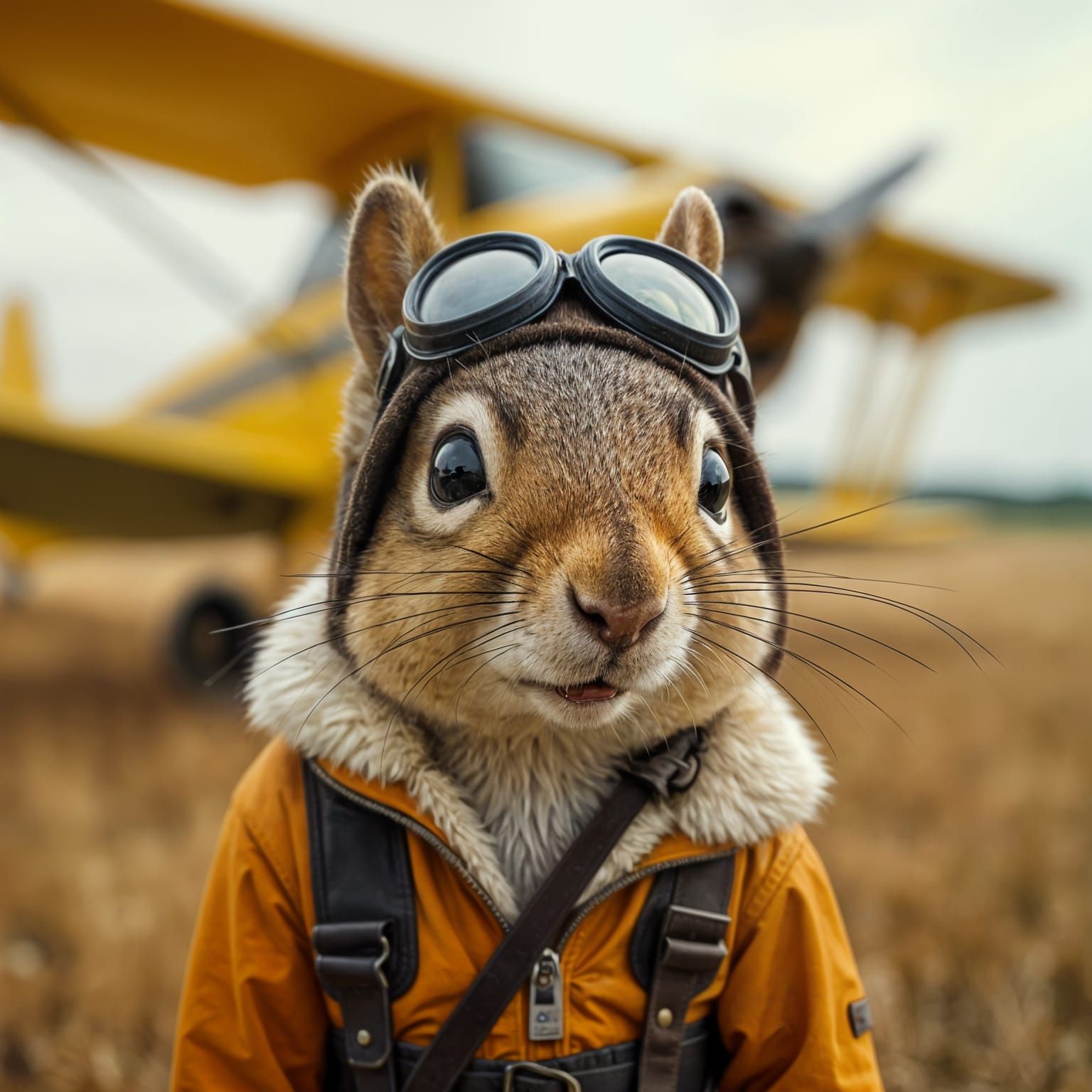 Squirrel Pilot with Yellow Plane in Field - AI Art