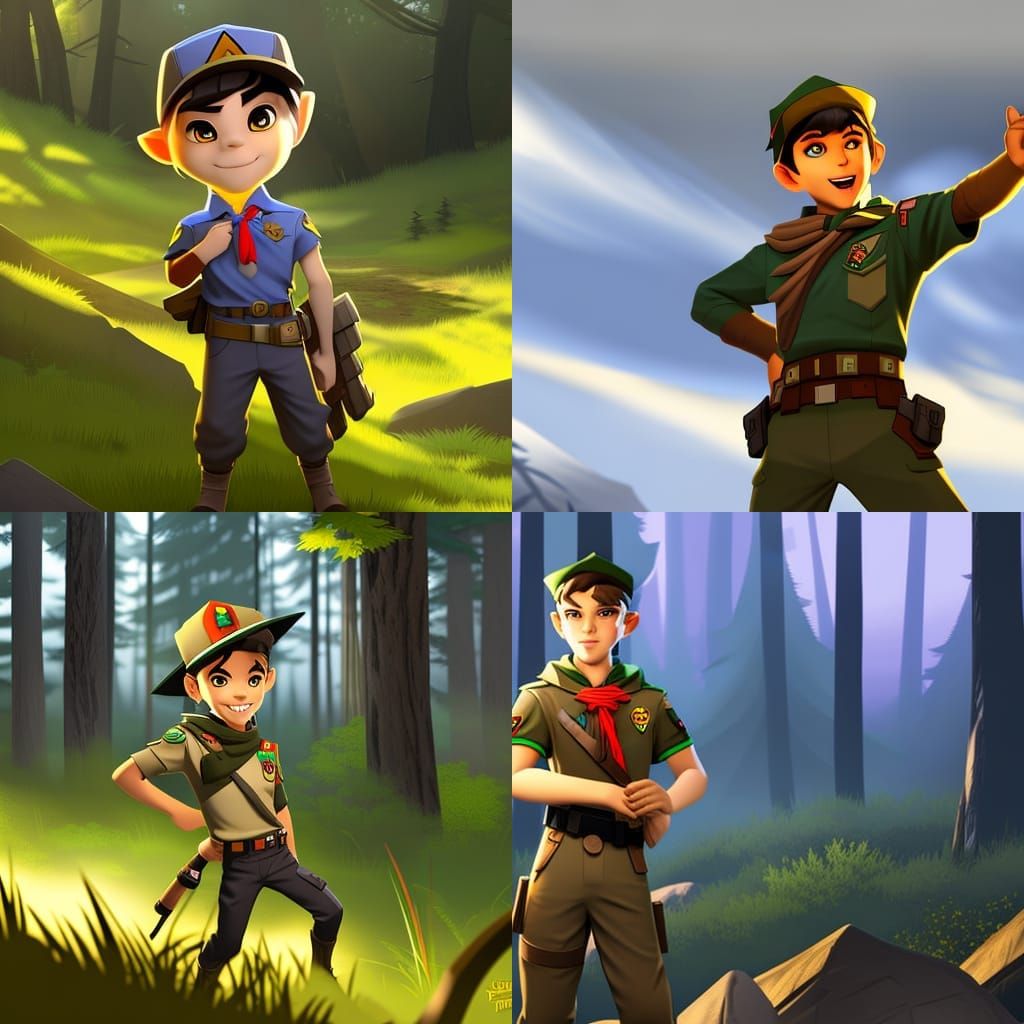 (humanised Wolf:1.3) as a cute boy scout, wearing a khaki shirt with ...