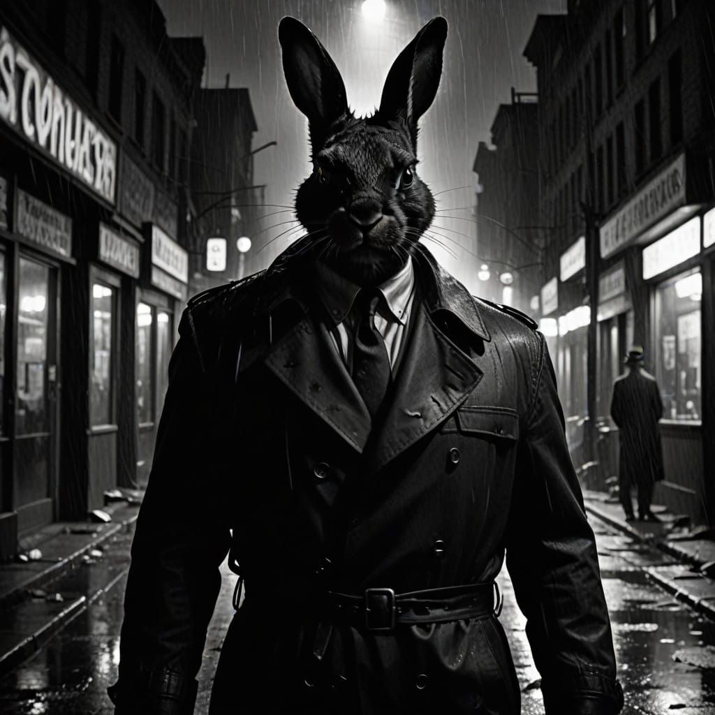 A film noir-inspired, anthropomorphic rabbit detective, clad in a ...