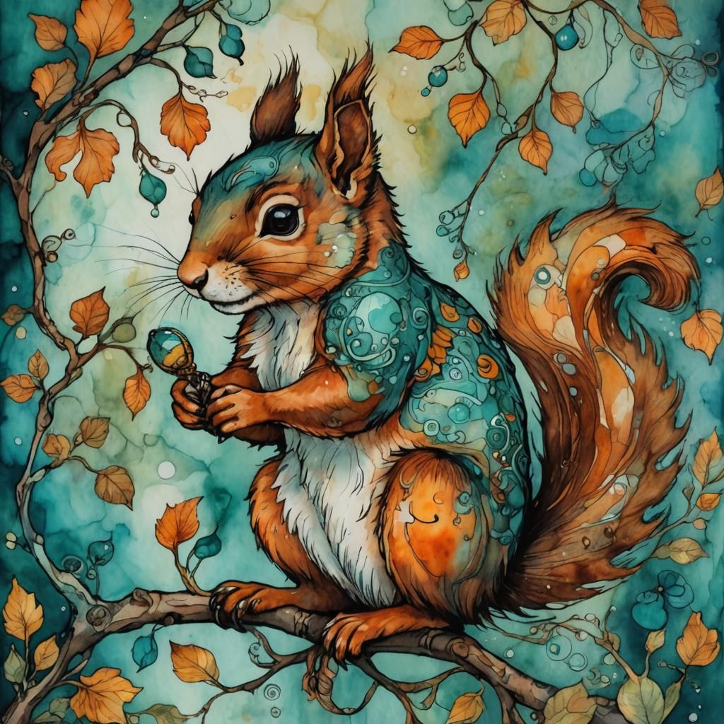whimsical adorable squirrel, alcohol ink, folk art, deep colors, orange ...