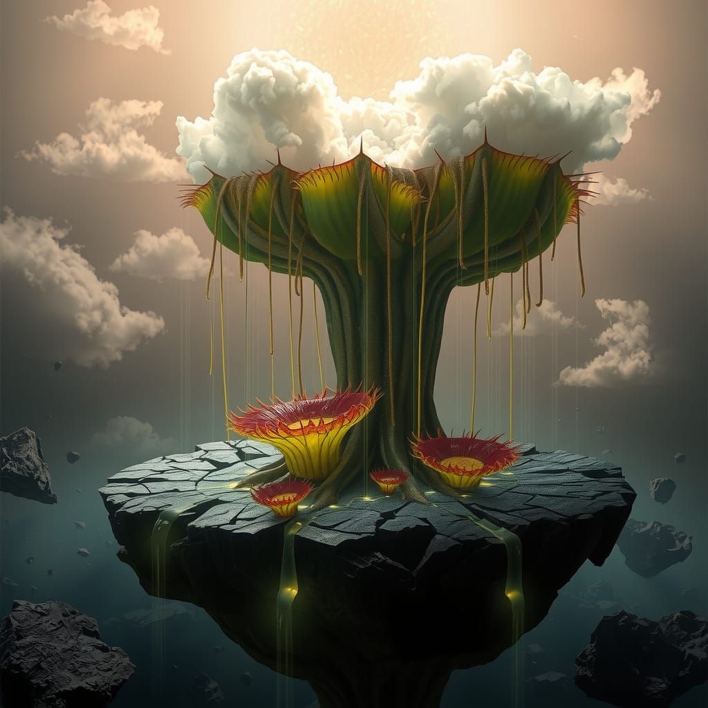 Biomechanical Venus Flytrap Blooms on Obsidian Isl... - AI Art