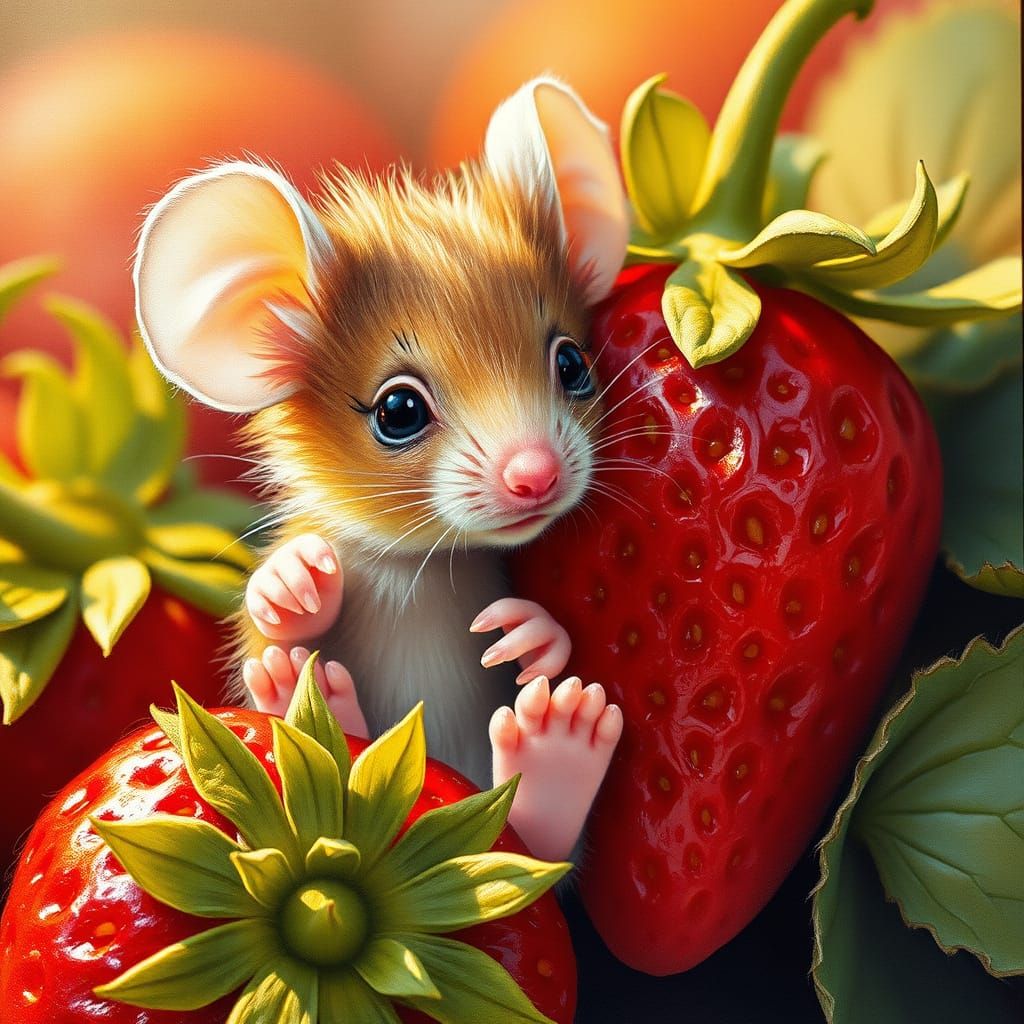 Whimsical Mouse Amidst Lush Strawberry in Hyper-Re... - AI Art