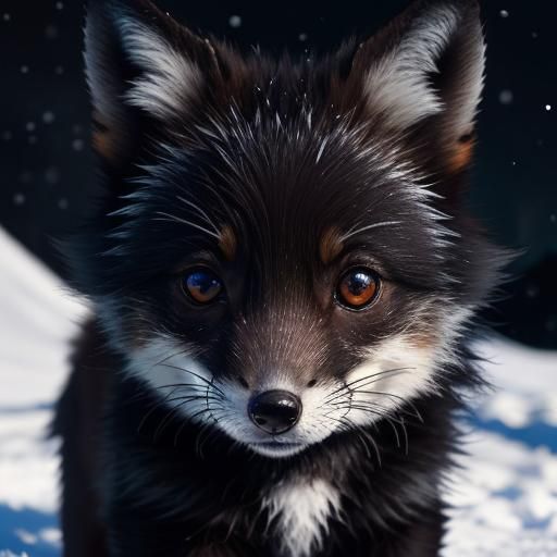 Close-up portrait of an adorable baby black-fox cub with glowing eyes ...