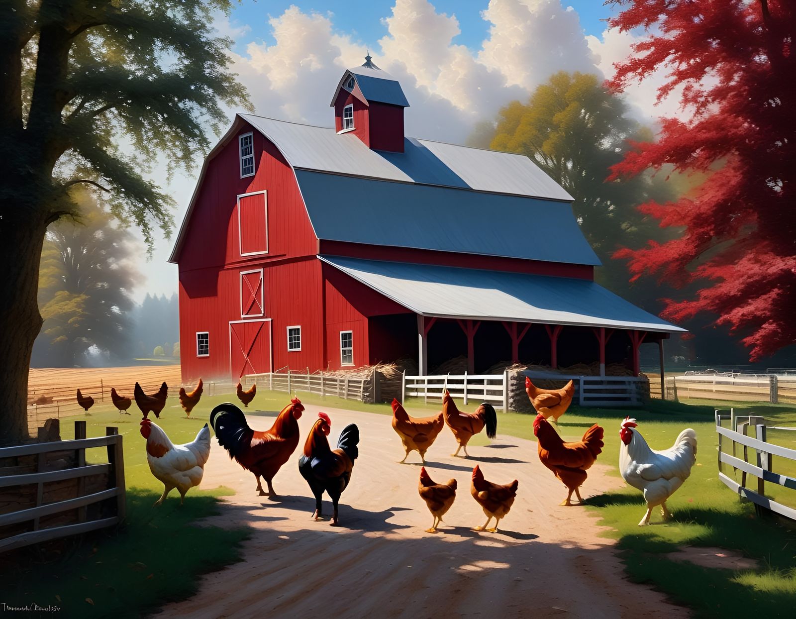 Farm with one red barn chickens beside it and a horse in front of the ...