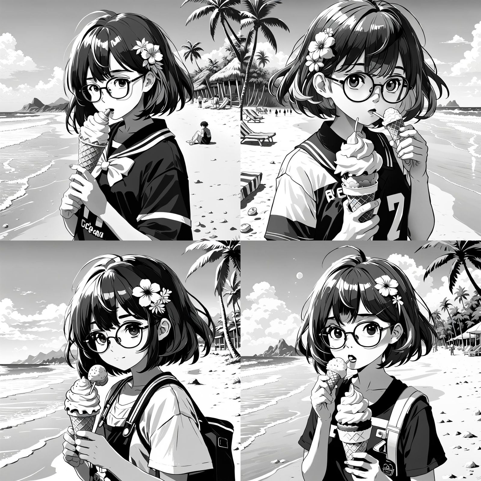 waifu eating ice cream on the beach, bob haircut, glasses, flower in ...
