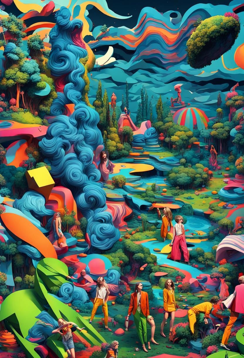 Random clash of styles landscape. Random 3 colors. Weird art and ...