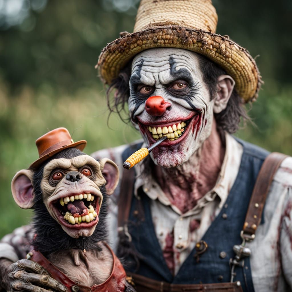 Zombie Monkey Clown Farmer with Dog - AI Art