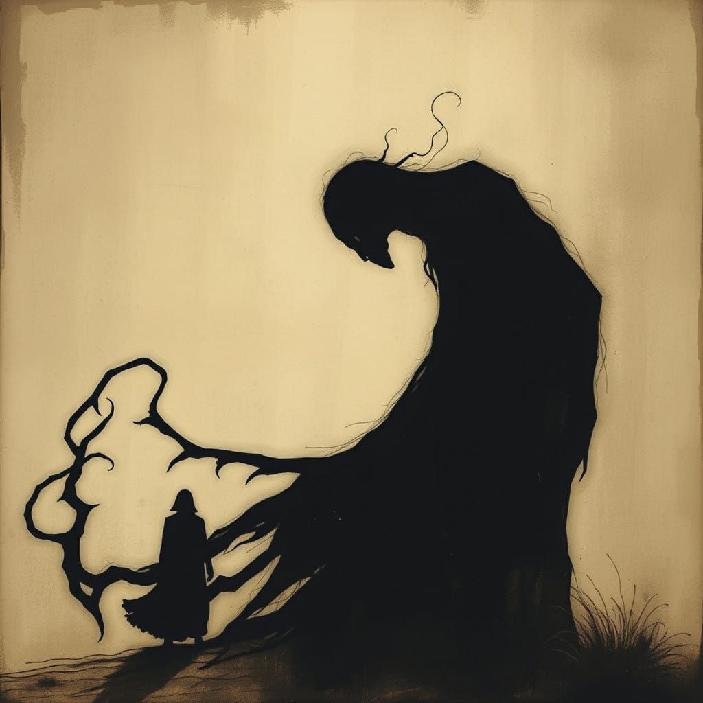 a looming black shadow reaches out to grab hidden person by artist Russ ...