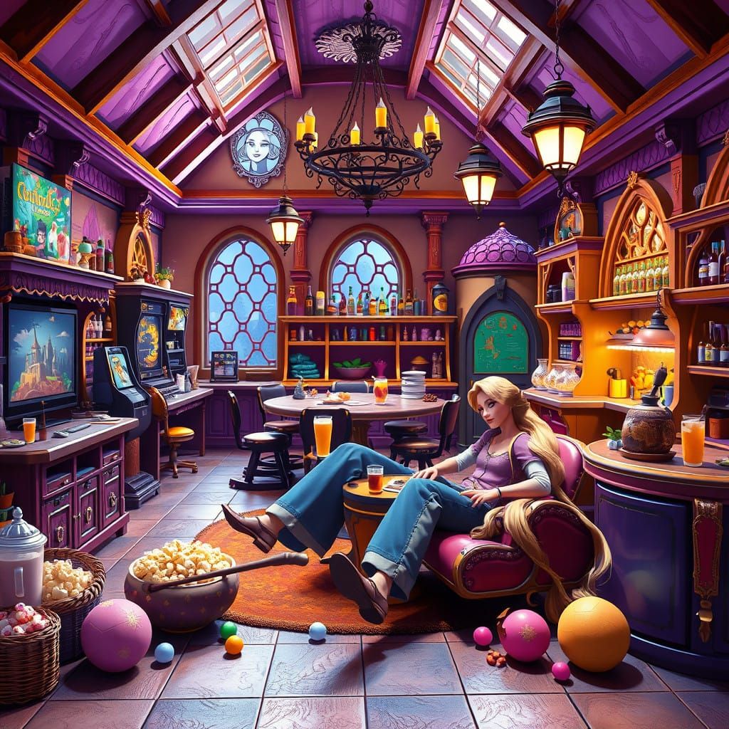 German Castle Game Room in Whimsical Purple and Ye... - AI Art