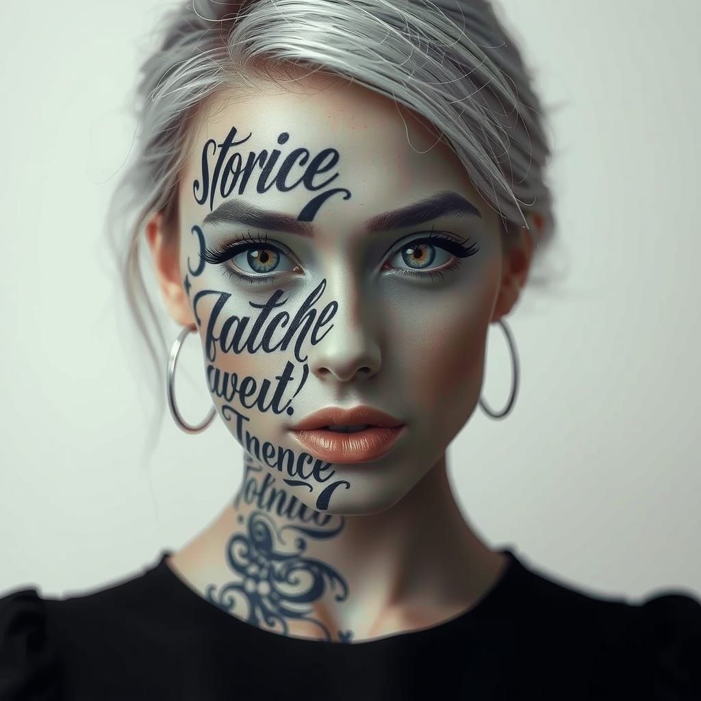 Woman with the right half of her face covered with elegant calligraphy ...